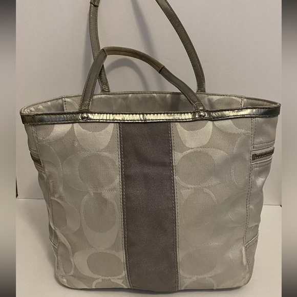 Coach | Bags | Coach Signature Stripe Tote 328 Risotto Gray Jacquard ...